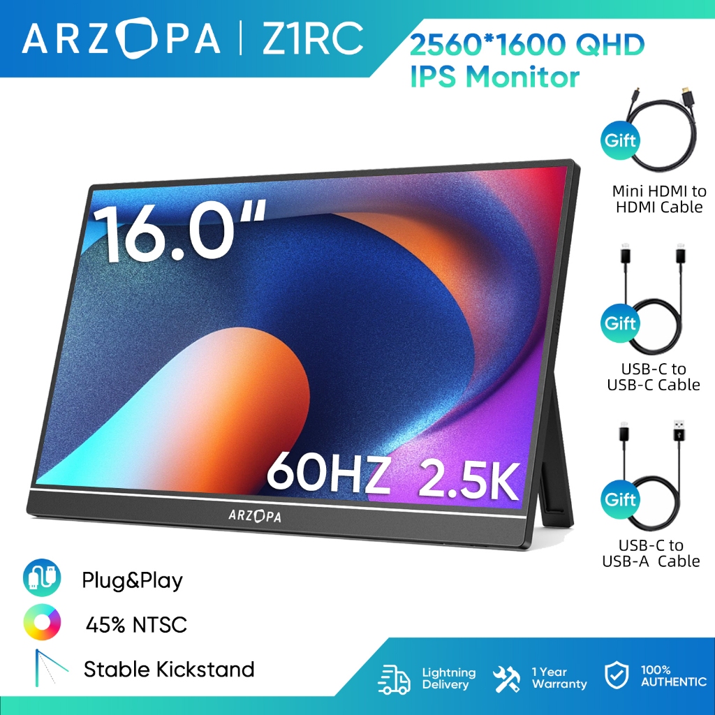 ARZOPA Z1RC HDR Kickstand Monitor ( 2.5K 2560x1600/500nits 8bit QHD USB ...