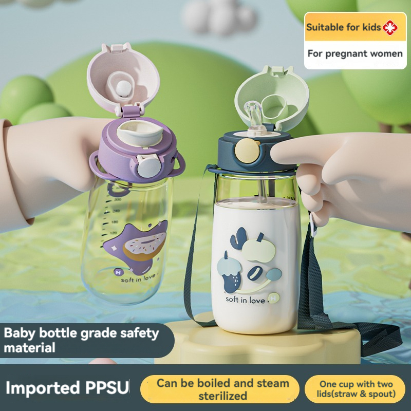 NRMEI PPSU Kids Water Bottle with Straw & Strap Air Botol Budak Carton Children Botol Air Budak ...