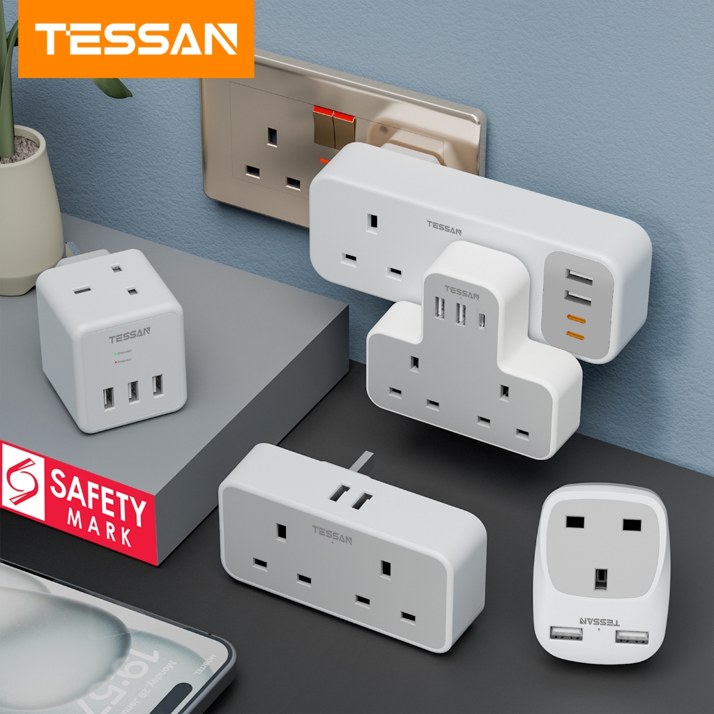 TESSAN Extension Plug Adapter with USB+Type C, Multi Plug Adaptor,Surge ...