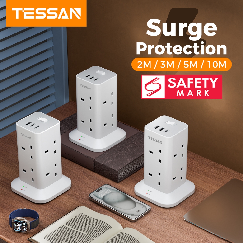 TESSAN Extension Plug Tower Extension Socket with 3 USB(Type C), Surge ...