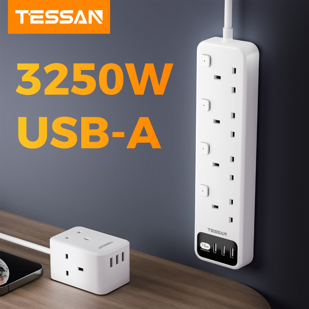 TESSAN Extension Plug Extension Cord Power Strip with USB, Power Socket ...