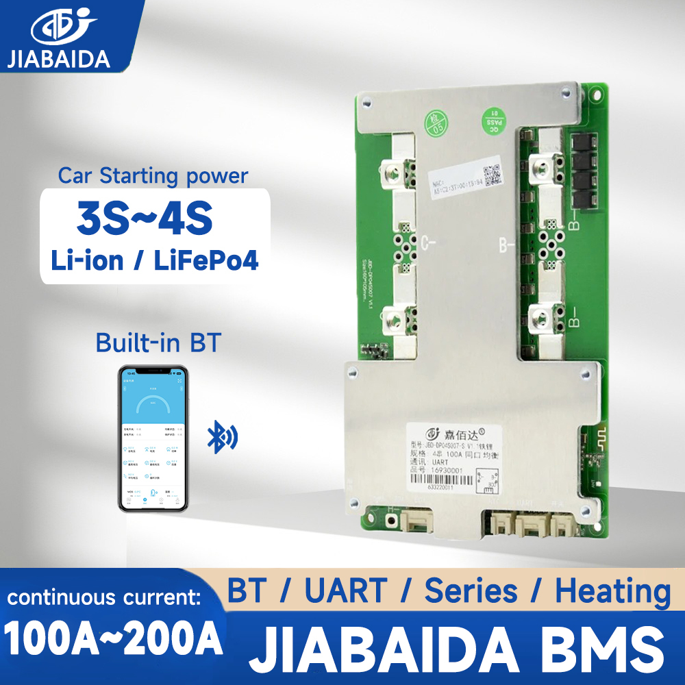 JIABAIDA Smart BMS 4S 12V 100A 200A LiFePo4 Li-ion Battery BMS UART Heating Series JBD BMS ...