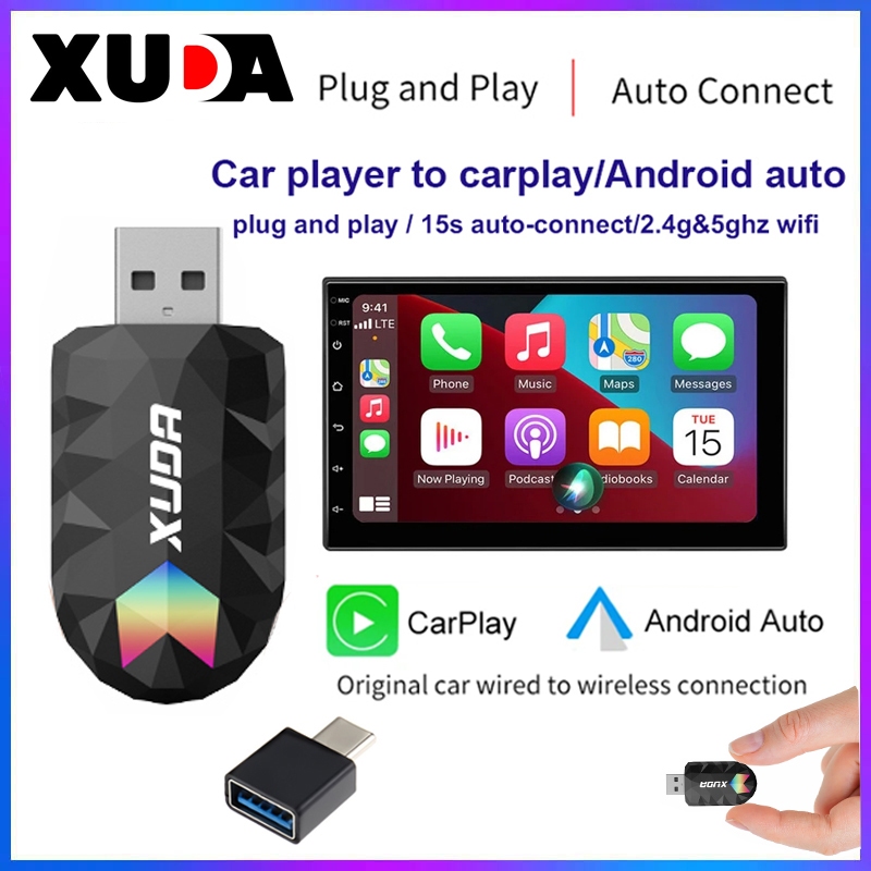 XUDA NEW 2in1 RGB Wireless CarPlay AI Mini Box Android Auto Box Plug ...