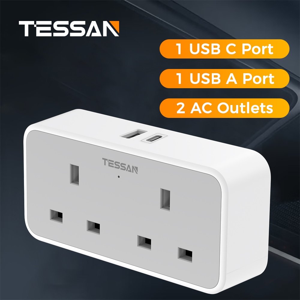 TESSAN Double Plug Adaptor with 2 USB, Multi Plugs Extension Adapter ...