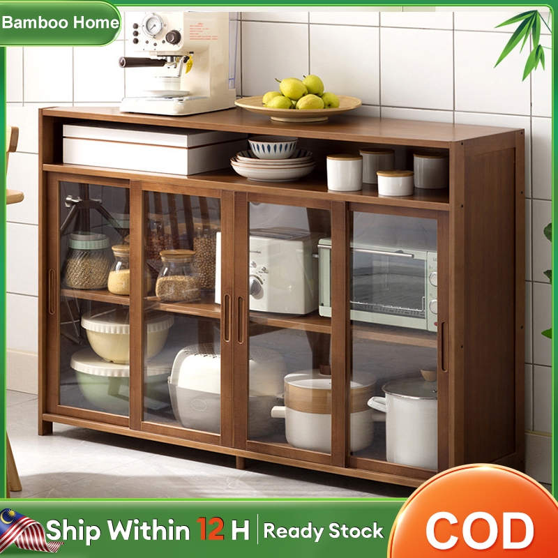 4/3 Doors Bamboo Kitchen storage rack With Transparent door Microwave ...