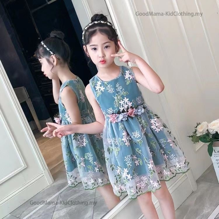 Baju budak perempuan Girl Kids dress 3-14y girl's flowers chiffon mesh ...