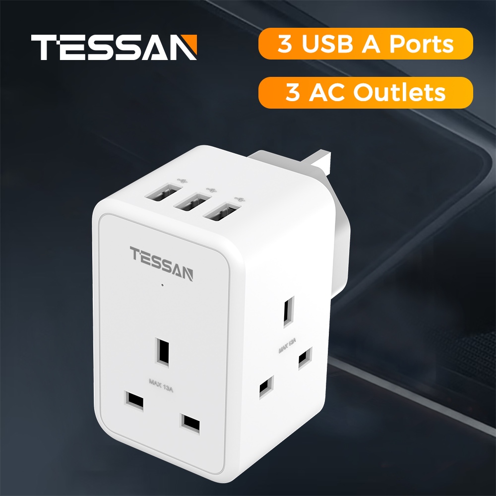TESSAN Extension Plug Power Socket with USB,Plug Adaptor 13A Cube UK 3 ...