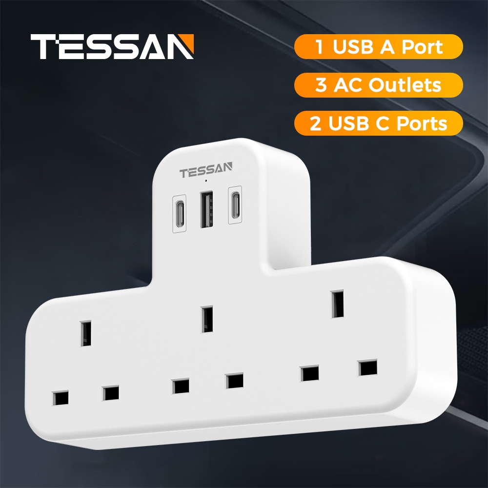 TESSAN Multi Plug Adapter with USB C Hub,3 Way Extension Plug with ype ...