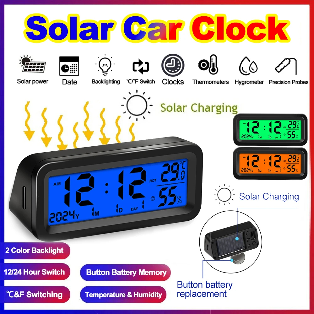 Solar Car Clocks Dashboard Thermometer Automotive Electronic Watch Led ...