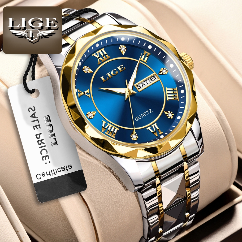 LIGE Jam Tangan Gold Blue Lelaki Besi Gold Original Men Analog Quartz ...