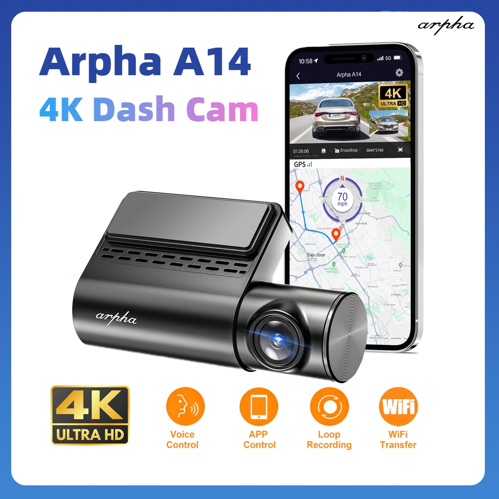 Arpha 4K Dash Cam with 0.96inch Screen, Live Recording, Wifi, GPS, English Voice Control, WDR ...