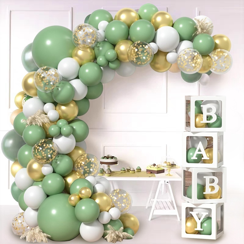 112pcs Bean Green Balloon with Transparent Balloon Box BABY Happy ...