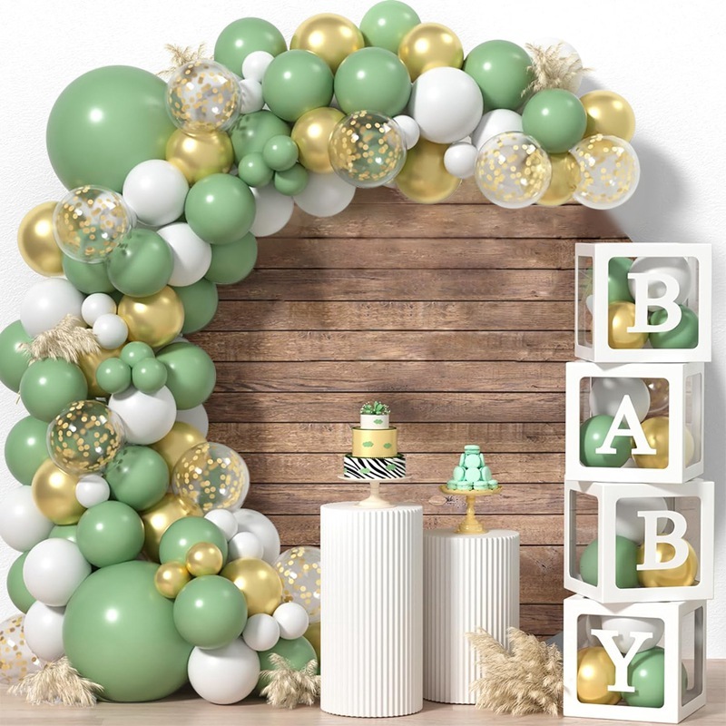 112pcs/set Retro Sage Green Balloon BABY Transparent Balloon Box ...