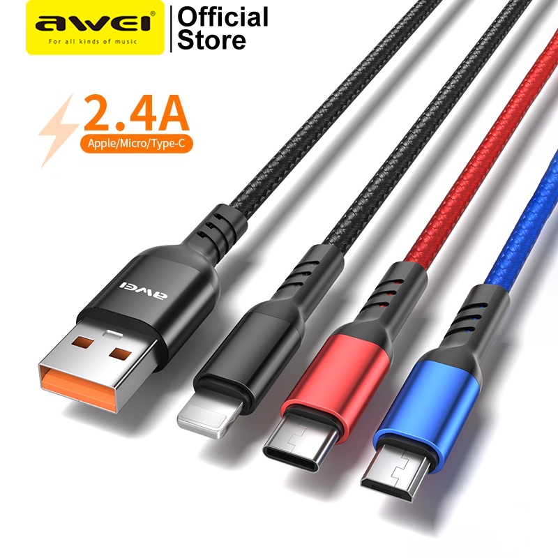 Awei CL-971 3 in 1 Charging Cable USB Braided Wired Micro Type C Cables ...