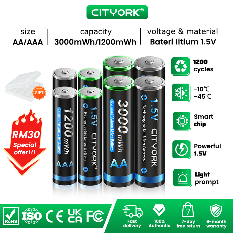 Cityork 1.5V Battery AA/AAA Bateri 3000mWh Rechargeable Batteri 1.5V ...