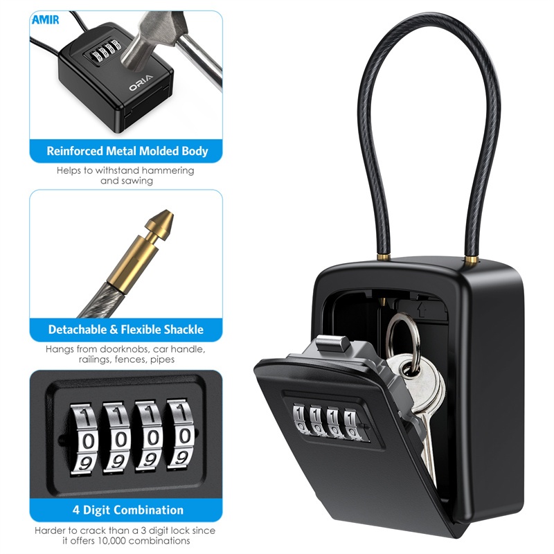 AMIR Key Lock Box with Removable Steel Hanging Cable, Sturdy 4 Digit ...
