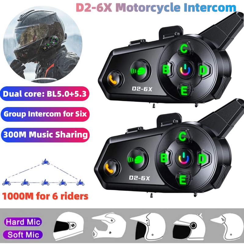 (Local Shipment) D2-6X Motorcycle Helmet Intercom 1000M Distance ...
