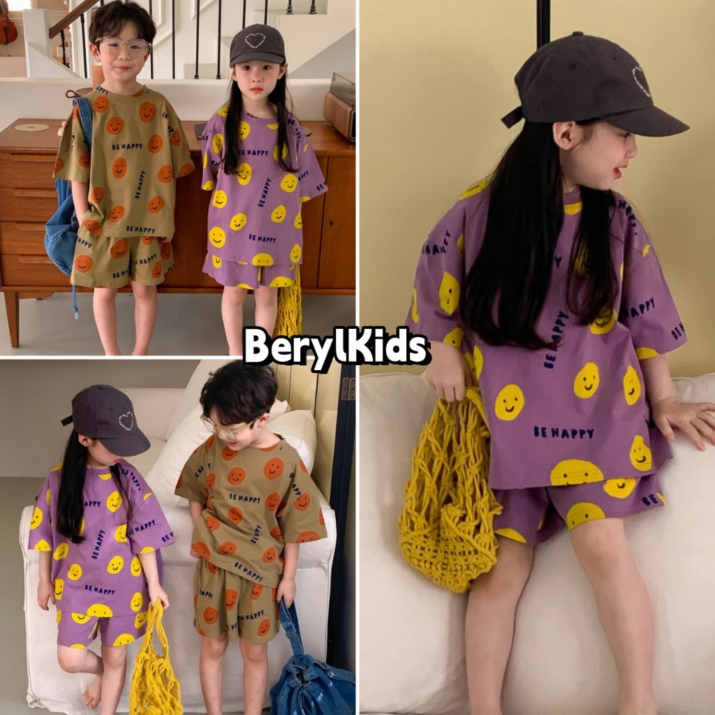 【Beryl kids】boys and girls suit summer fashion smiley cartoon pattern casual clothing | Shopee ...