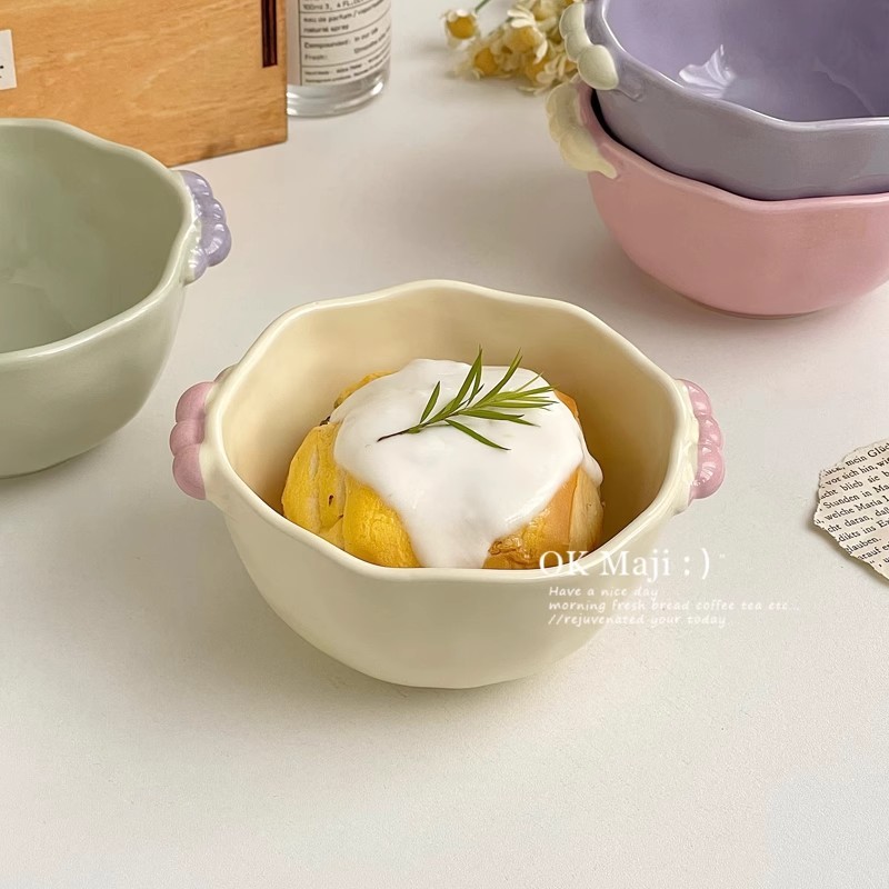 ins Cream cutlery Ceramic Rice bowl Breakfast cute double ear bowl ...