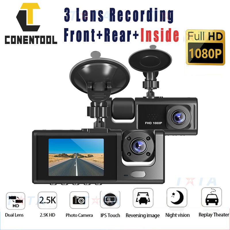 Conentool Car Dash Cam For Car Front And Rear Inside 3 Camera 1080P ...
