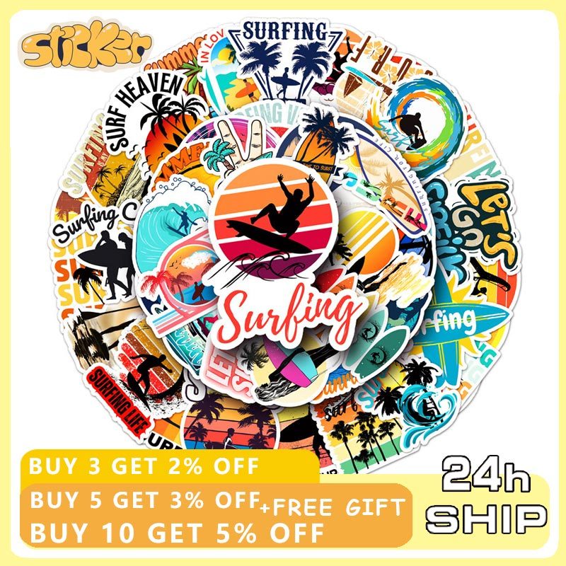 50PCS Summer Surfing Stickers Beach Surf Sticker Waterproof DIY ...