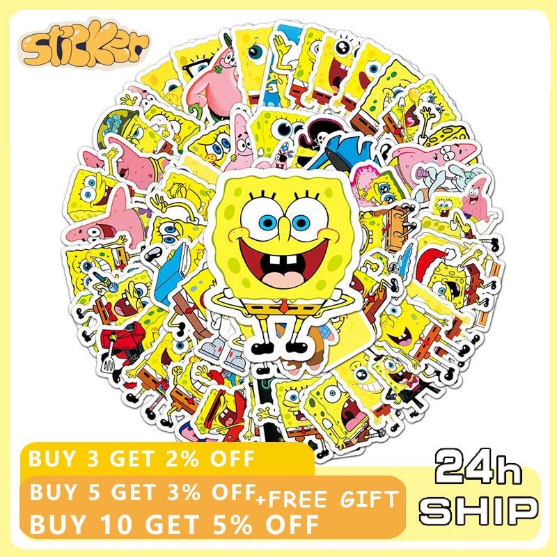 60pcs Animated SpongeBob Stickers Cartoon Kawaii Laptop Phone Guitar ...