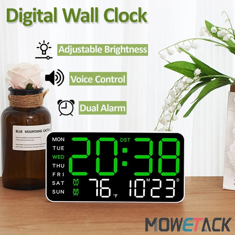 LED Digital Wall Clocks Voice Control Table Clock 12/24H Temp Date Week ...