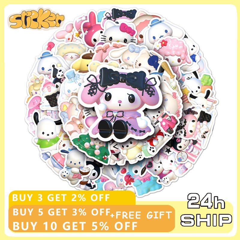 50pcs Mixed 3D Sanrio Stickers Hello Kitty My Melody Kuromi Cinnamoroll ...