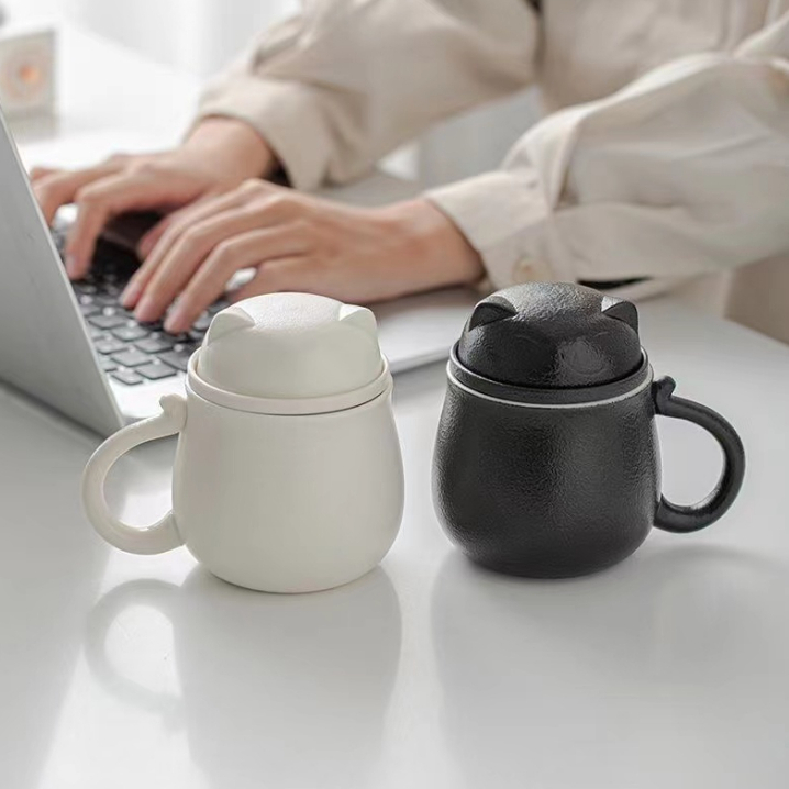 Ceramic Tea Cup Tea Water Separation Cup with Lid with Filter Cat Ears ...