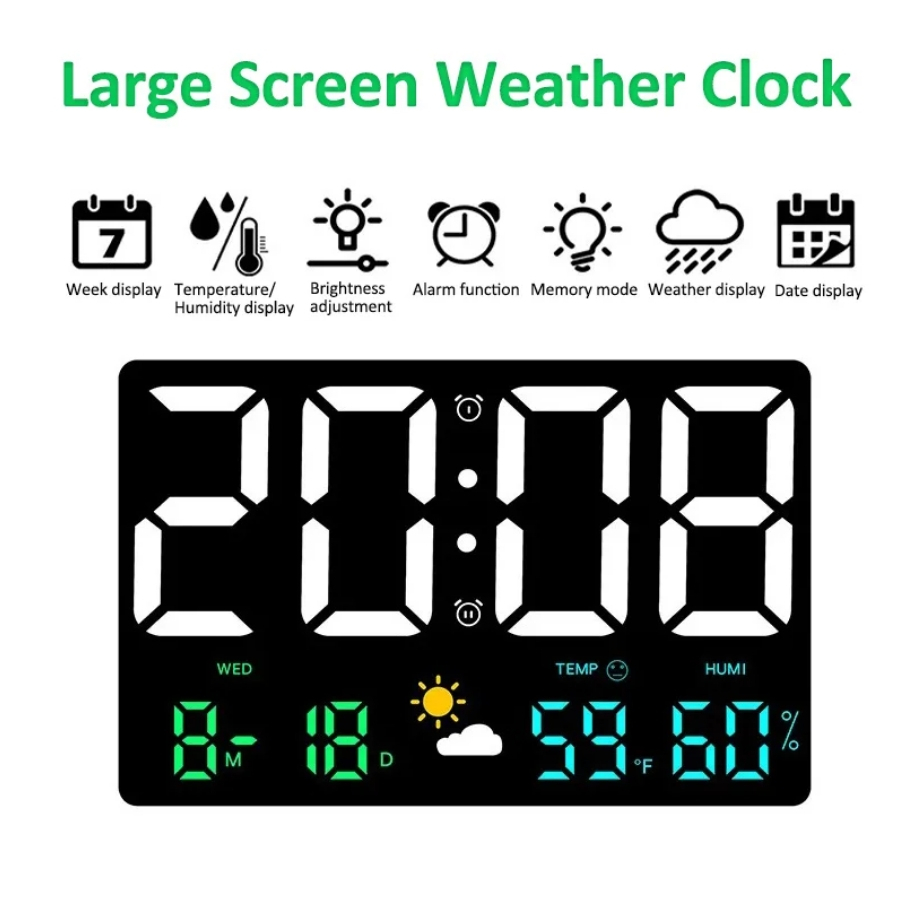 Large Screen Weather Clock Temperature Humidity Date Display Digital ...