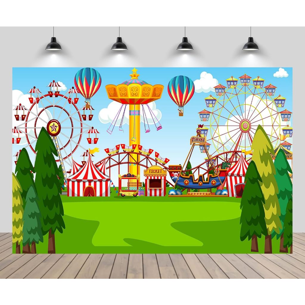 Carnival Backdrop Cartoon Ticket Office Ferris Wheel Carousel Blue Sky ...