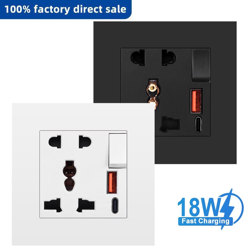 VISWE wall socket universal socket usb c socket 5 pin socket,16A 250V 18W PD,86*86mm plastic ...