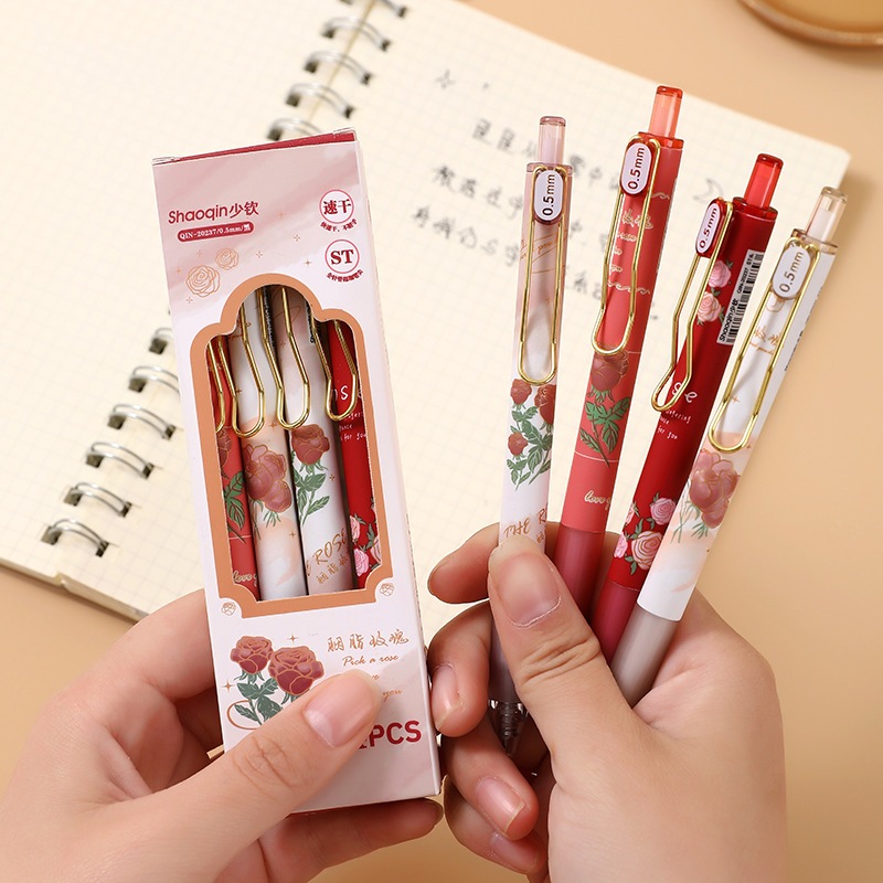 4pcs/box 0.5mm Black Ink Gel Pens Vintage Roses Quick Drying Needle ...
