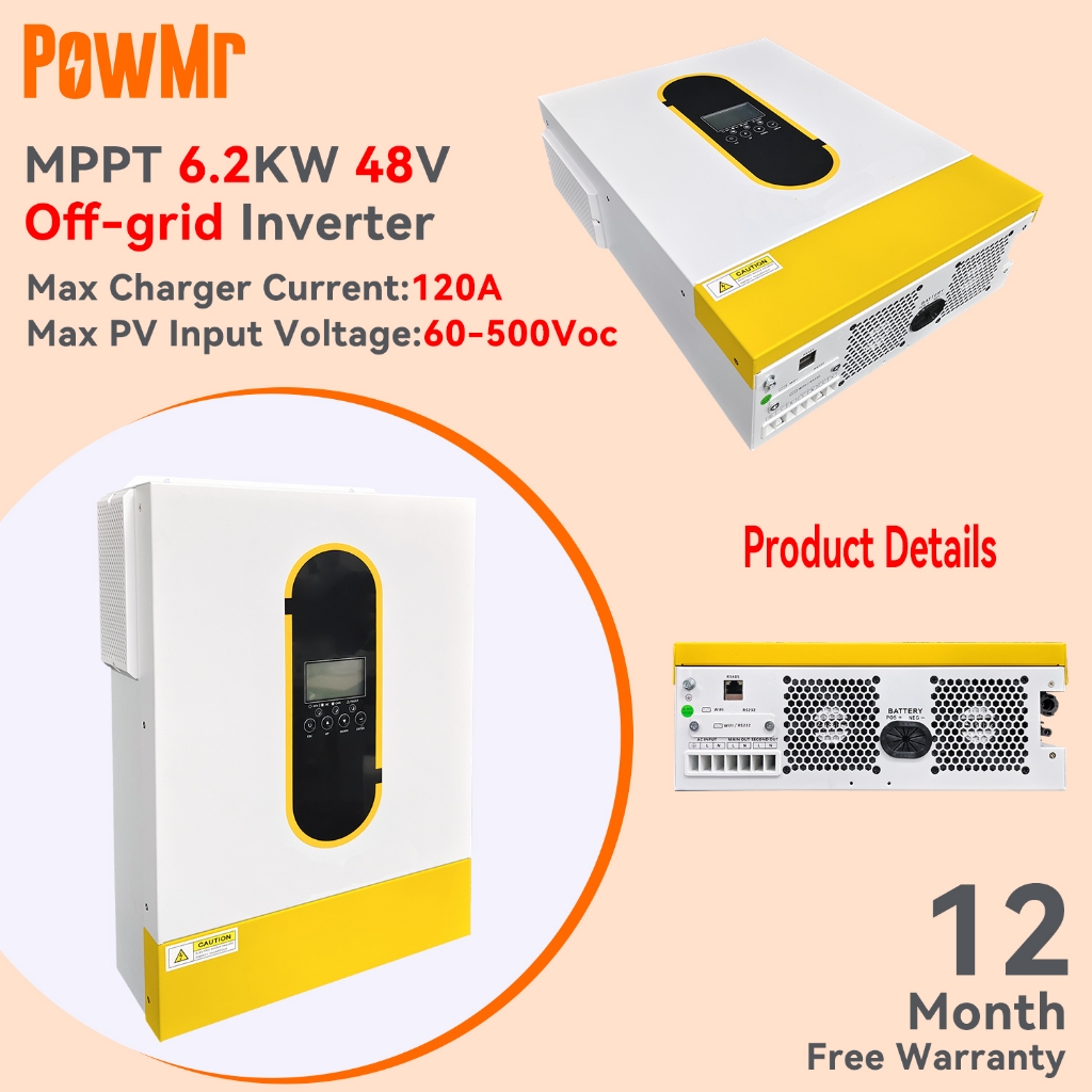 PowMr MPPT 6.2KW/10KW Pure Sine Wave Solar Hybrid Inverter Built-in 120A Solar Charge Controller ...