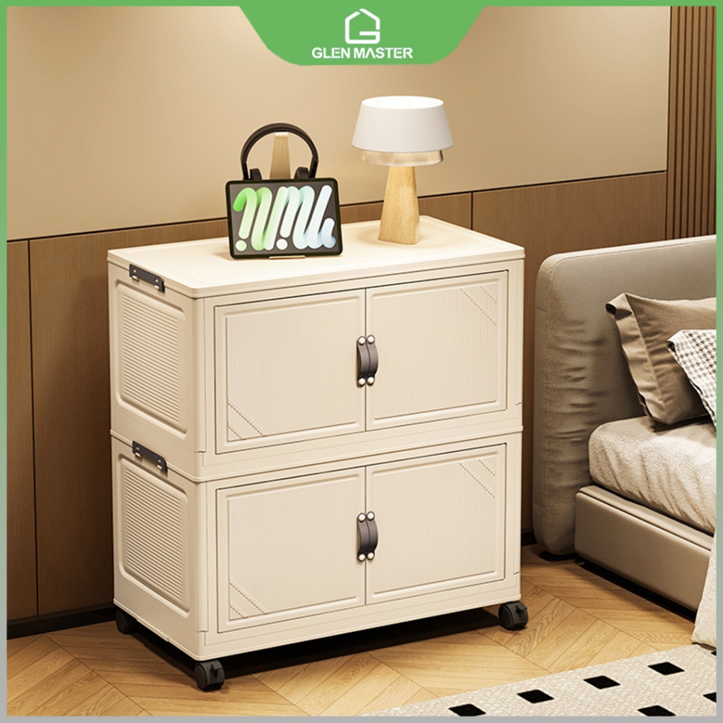 【glen master】L37cm (1-6 Layers)Solid Color Panel Foldable Storage Cabinet With Wheels 2 Doors ...