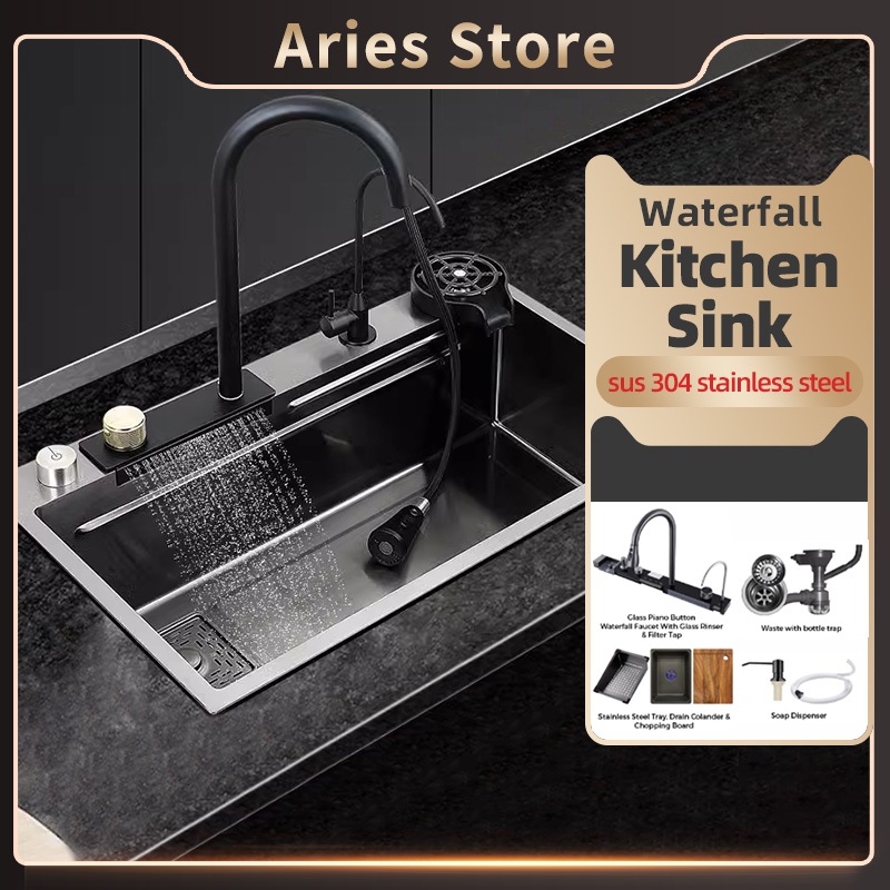 kitchen sink Waterfall 304 stainless steel kitchen sink With three ...