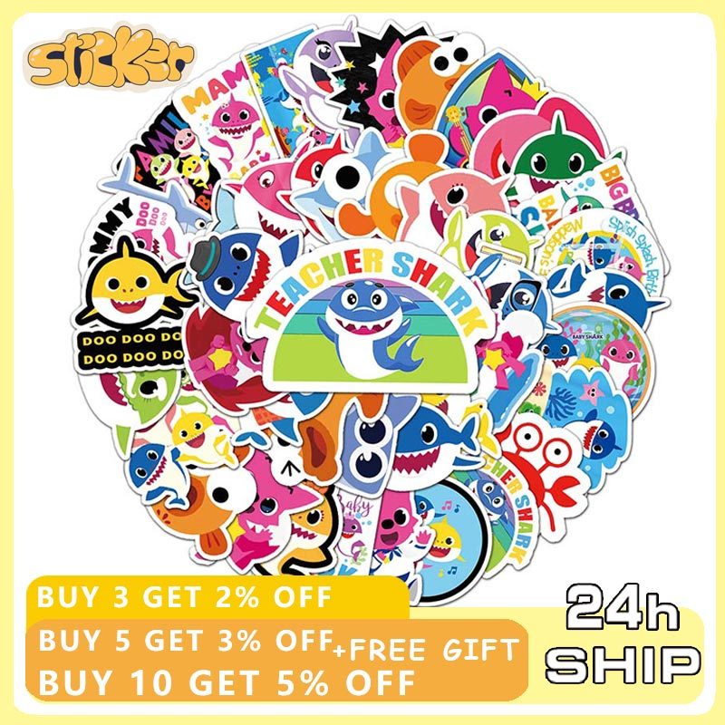 50PCS Baby Shark Stickers DIY Diary Laptop Luggage Scrapbook Skateboard ...