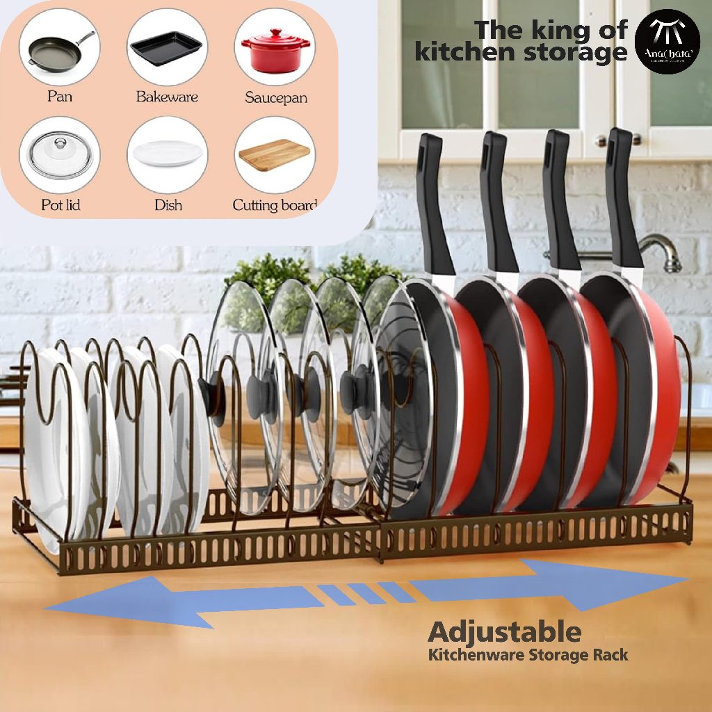 Pan Organizer Rack Pot Lid Holder Adjustable Pot and Pan Organizer Rack ...