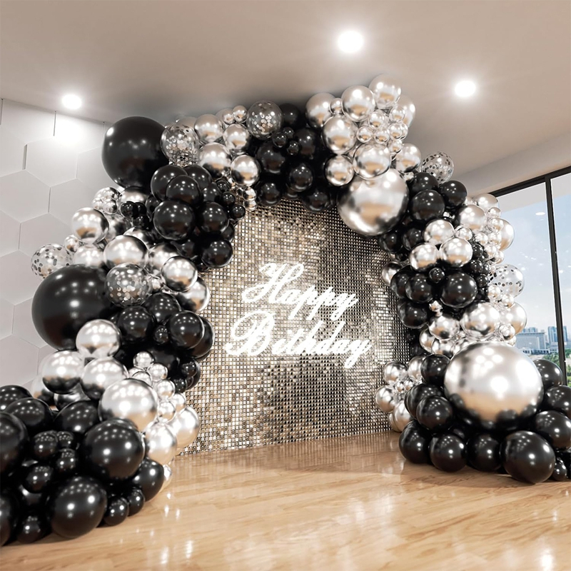 130PCS Black Silver Balloon Set Silver Confetti Latex Balloons for ...