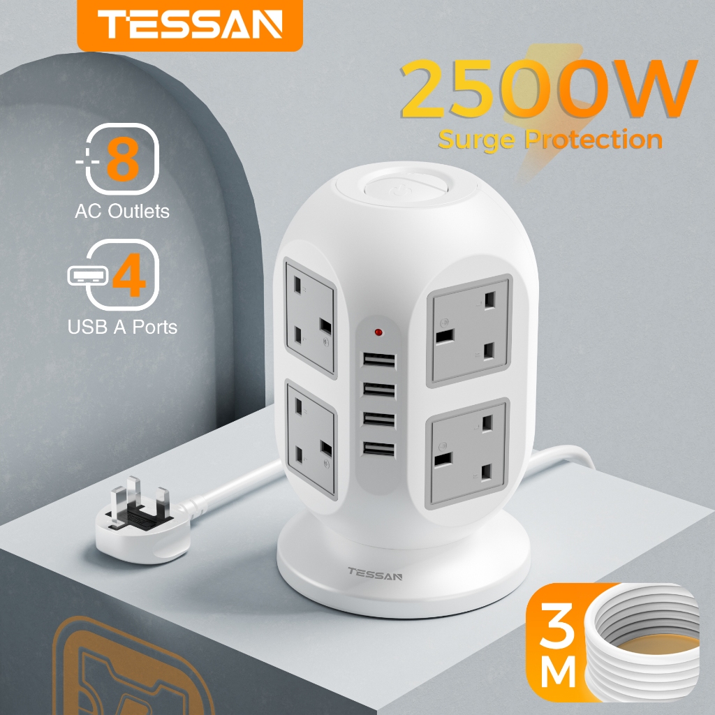 TESSAN Power Extension Tower Socket Extension Plug Power Socket Surge ...
