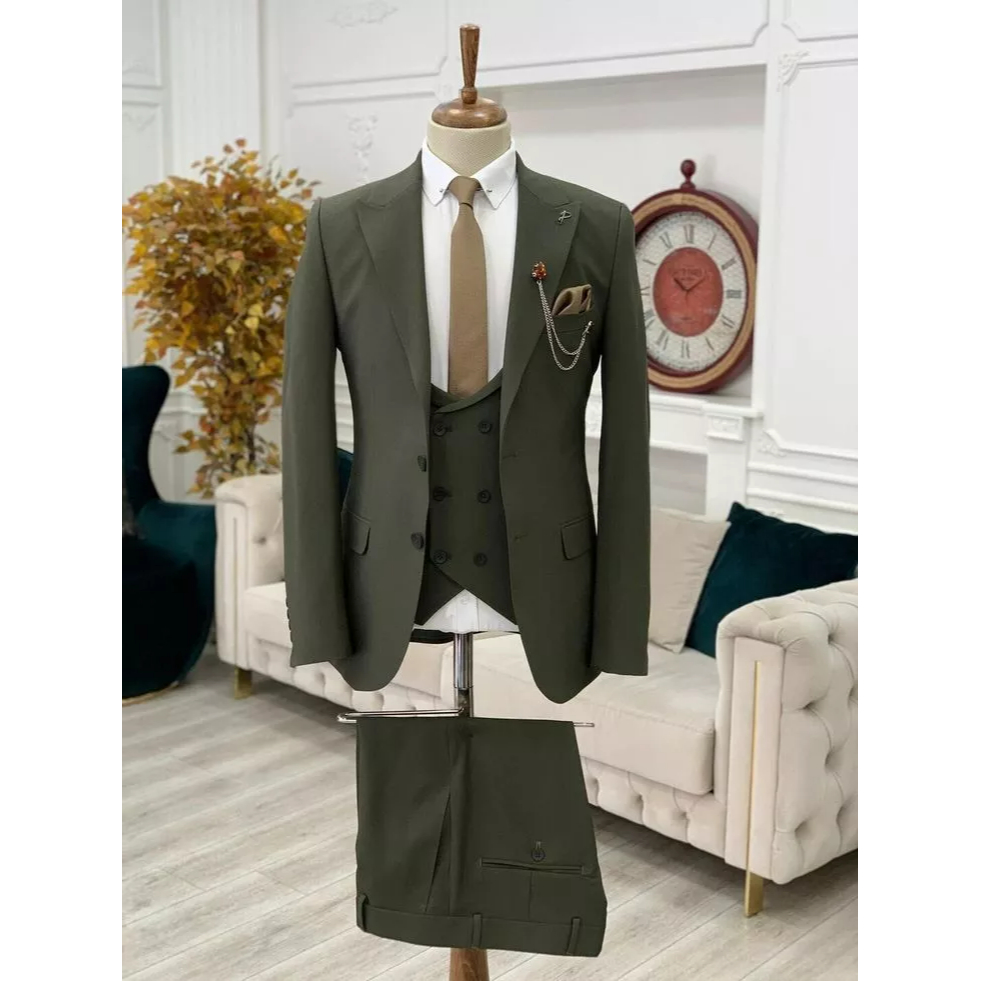 3 Piece Men Army Green Wide Peak Lapel Formal Groom Tuxedos Wedding ...