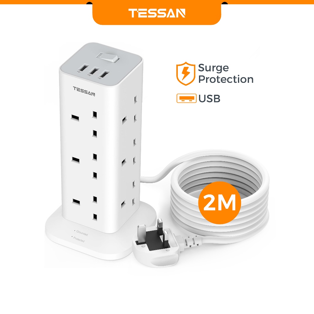 TESSAN Extension Socket Multi Plug Towe Power Strip 2M Extension Cord ...