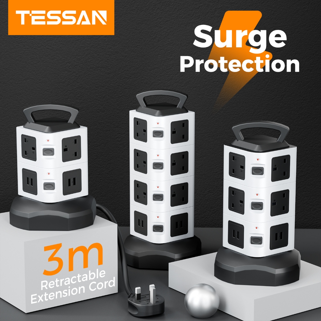 Power Extension Vertical/Tower Socket Surge Protector,2M Cord Extension ...