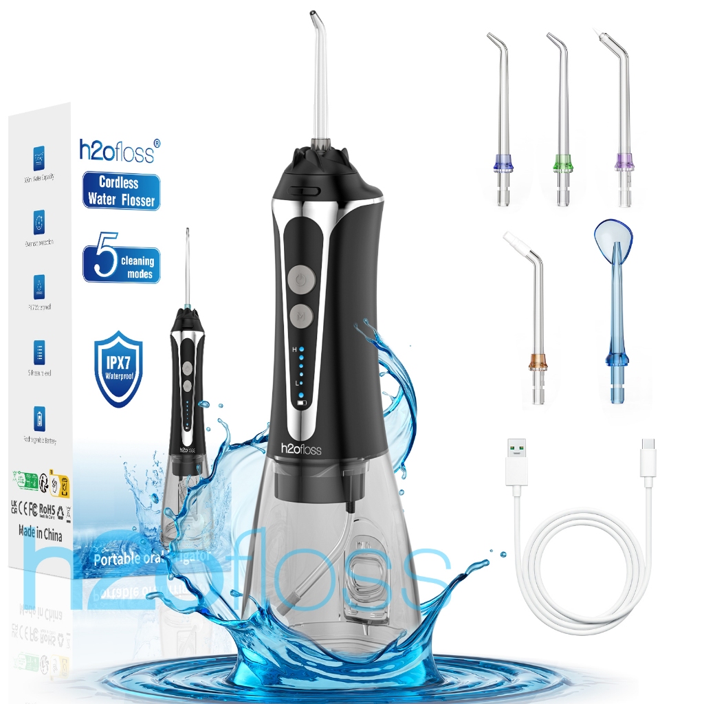 Water Dental Flosser for Teeth, H2ofloss Cordless Oral Irrigator in 5 Modes 5 Jet Tips, 300ML ...