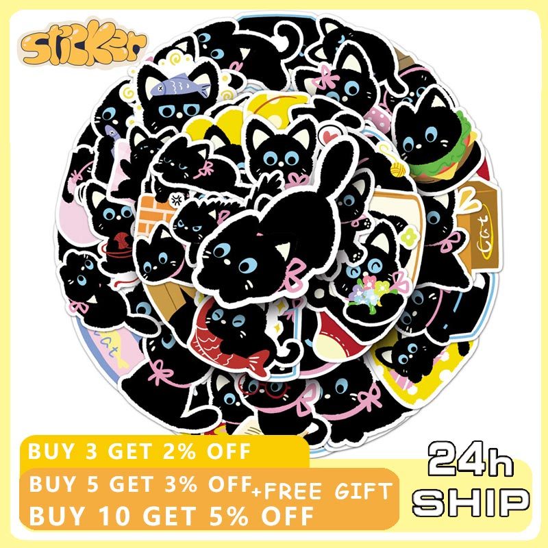 50PCS Funny Black Cat Stickers Decorative Phone Laptop Scrapbook ...