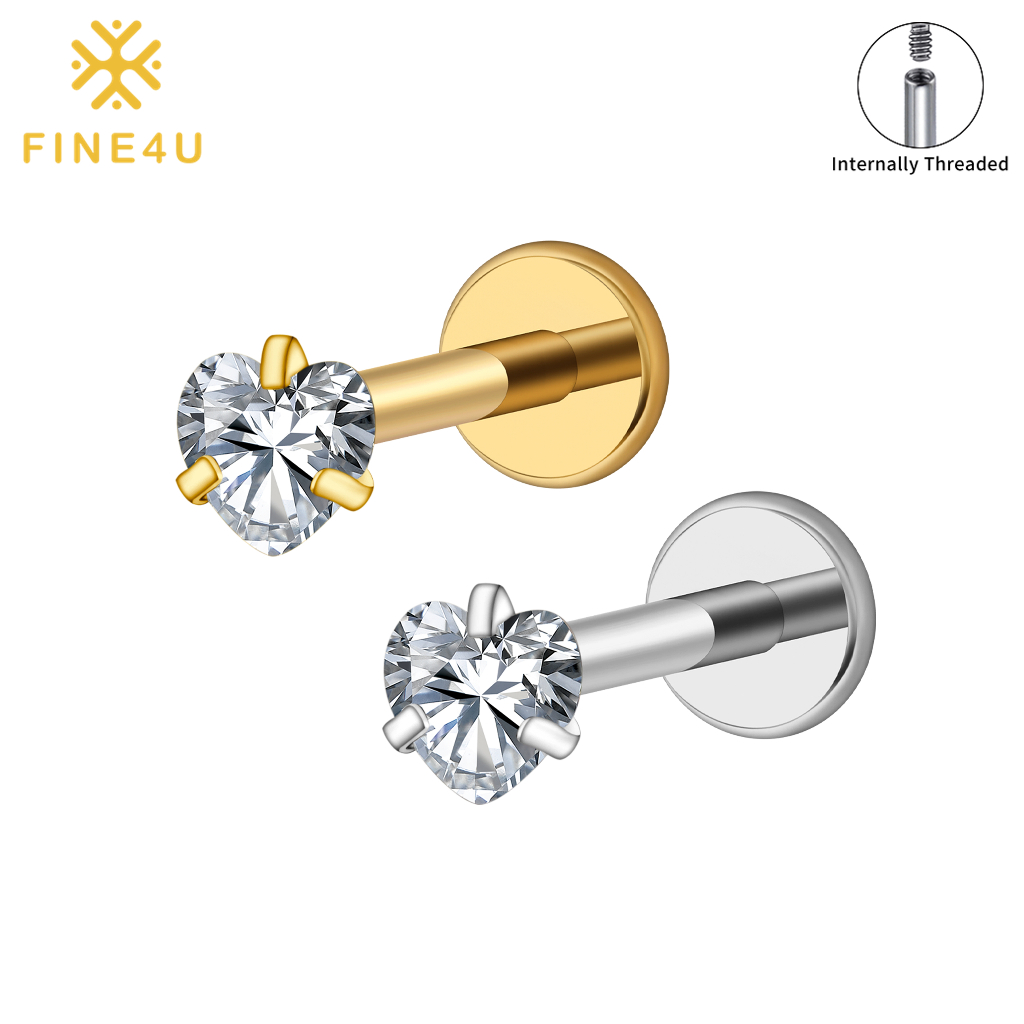 FINE4U ASTM F136 Titanium 16G Heart CZ Internally Threaded Flat Back ...