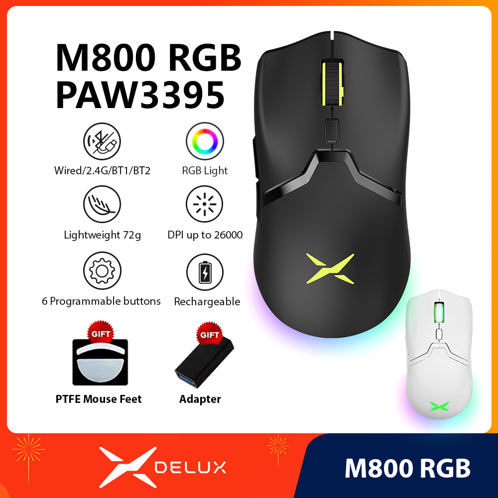 Delux M800 RGB PAW3395 26000DPI 50G ACC Wireless Wired Gaming Mouse 72g Lightweight Programmable ...