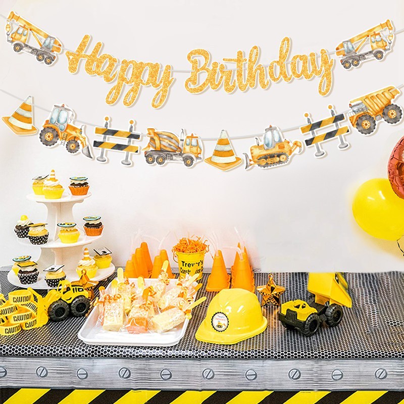 Construction Theme Banner Happy Birthday Engineering Vehicle Pattern ...