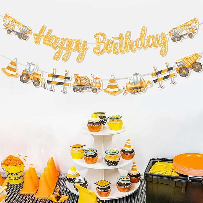 1 set Construction Happy Birthday Banner Engineering Vehicle Hanging ...