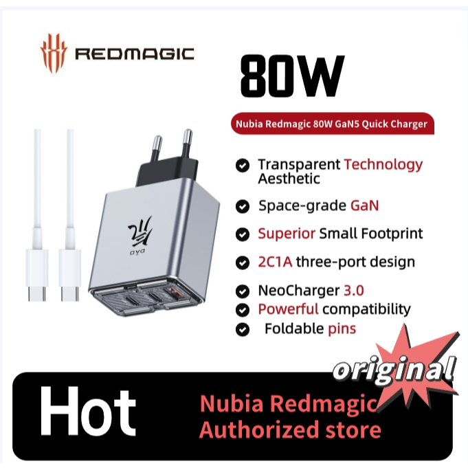 Nubia Redmagic DAO 80W GaN Charger Fast Charger 2C 1A EU /US Plug ...